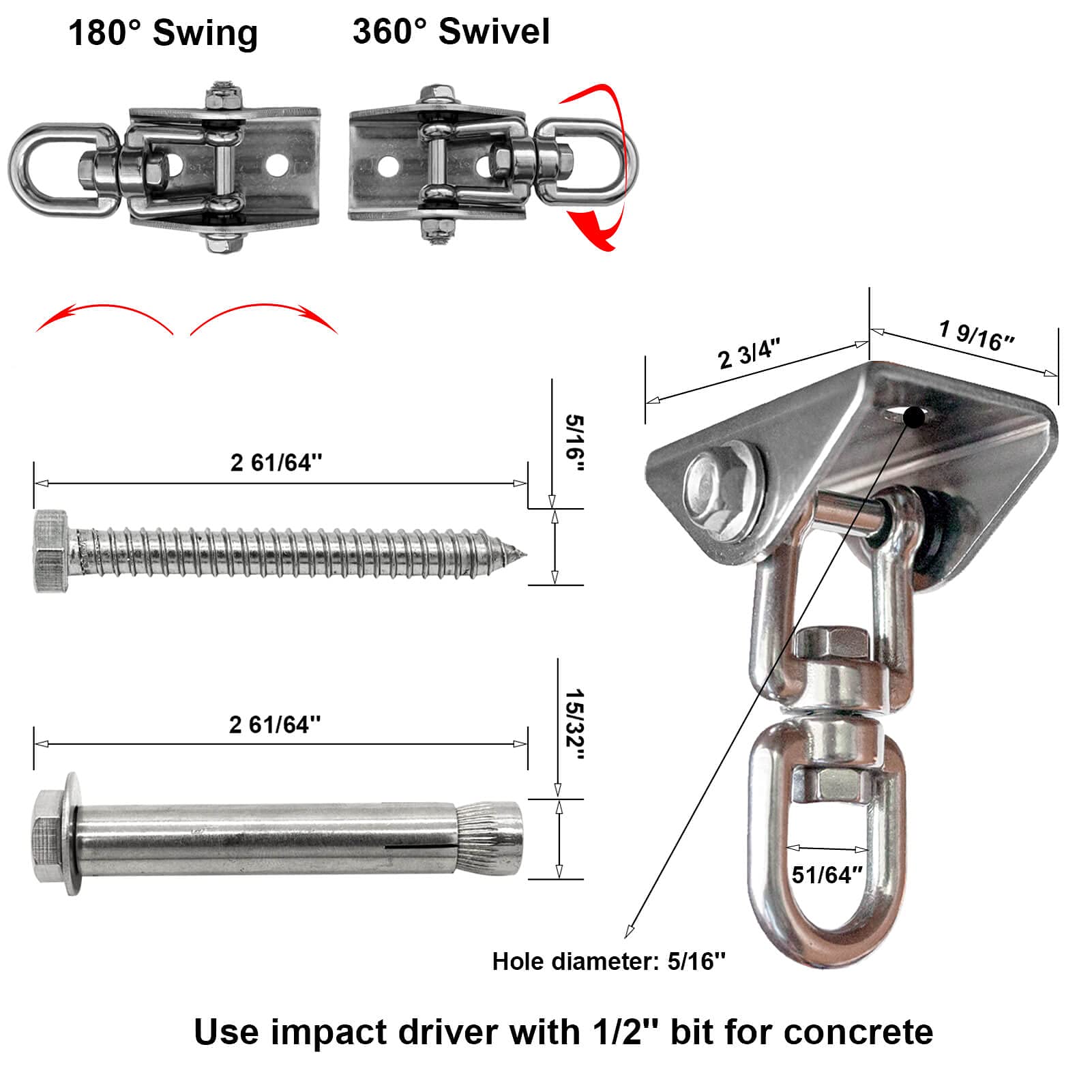 BLASCOOL Swing Hangers Heavy Duty Hook - 2000Lbs Capacity 360°Swivel with 4 Screw for Concrete Wooden Hanging Hardware for Hammock Chair Yoga Gym Trapeze Hammock (2 Sets