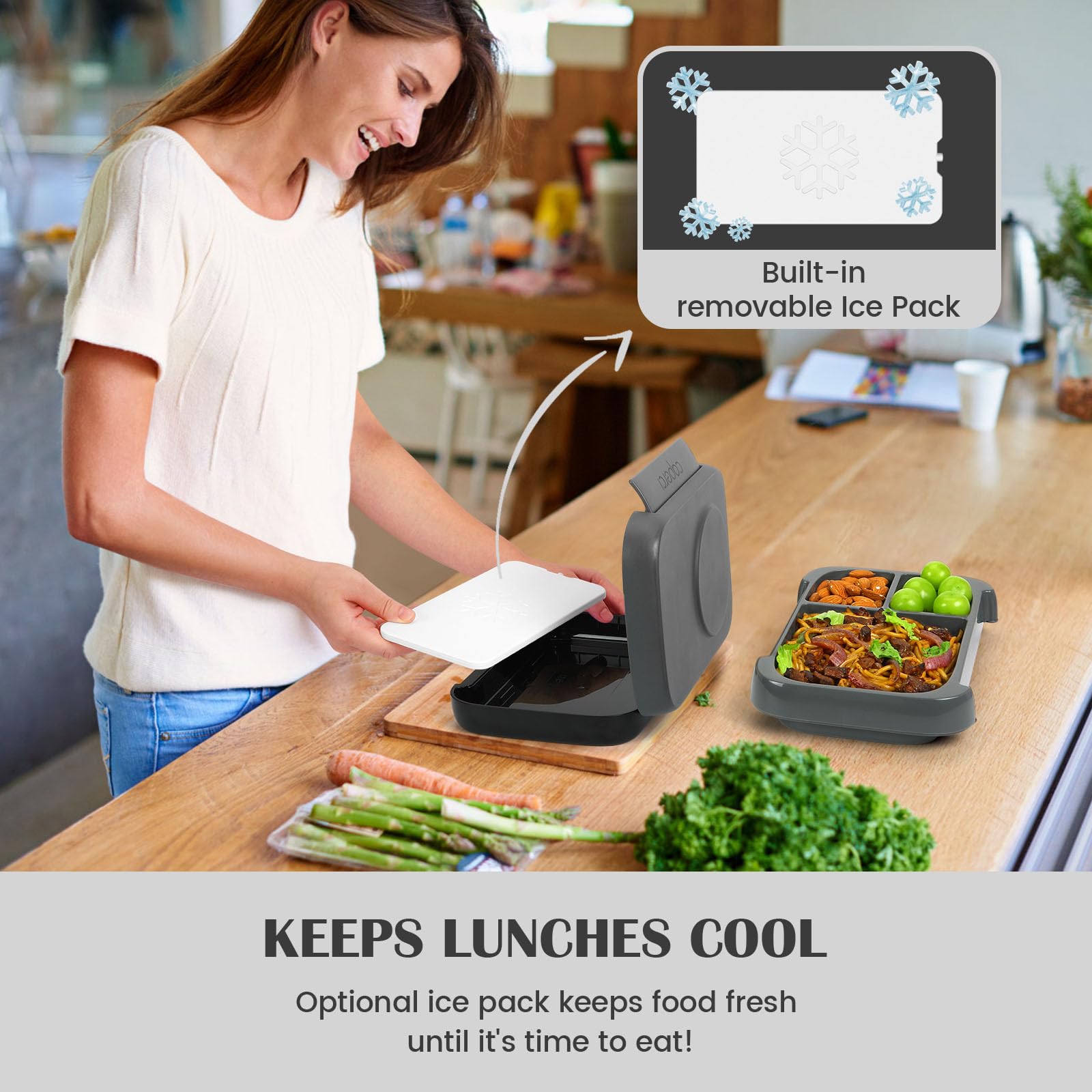 Caperci Heavy Duty Bento Box Adult Lunch Box - Leak-Proof Large Lunch Containers with Removable Ice Pack & 3 Compartments for Adults & Big Kids, BPA-Free, 1300mL/5.5 Cups (Dark Gray)