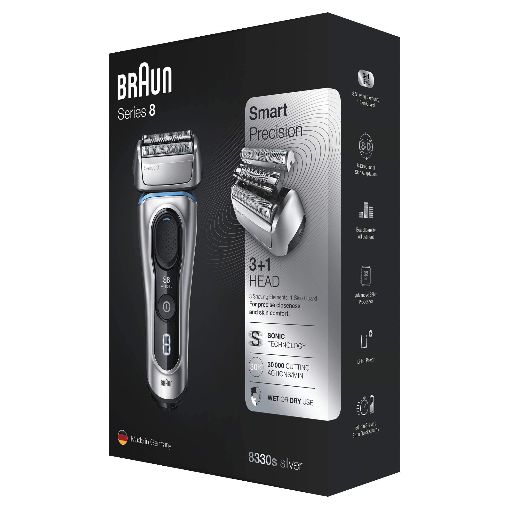 Braun 8 Series 8330S Wet & Dry, Rechargeable, Cordless Shaver/Shaver with Beard Density Readout