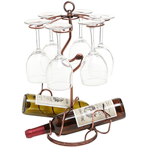MyGift Bronze Metal Tabletop Wine Bottle Rack and Wine Glass Holder Stemware Display Stand