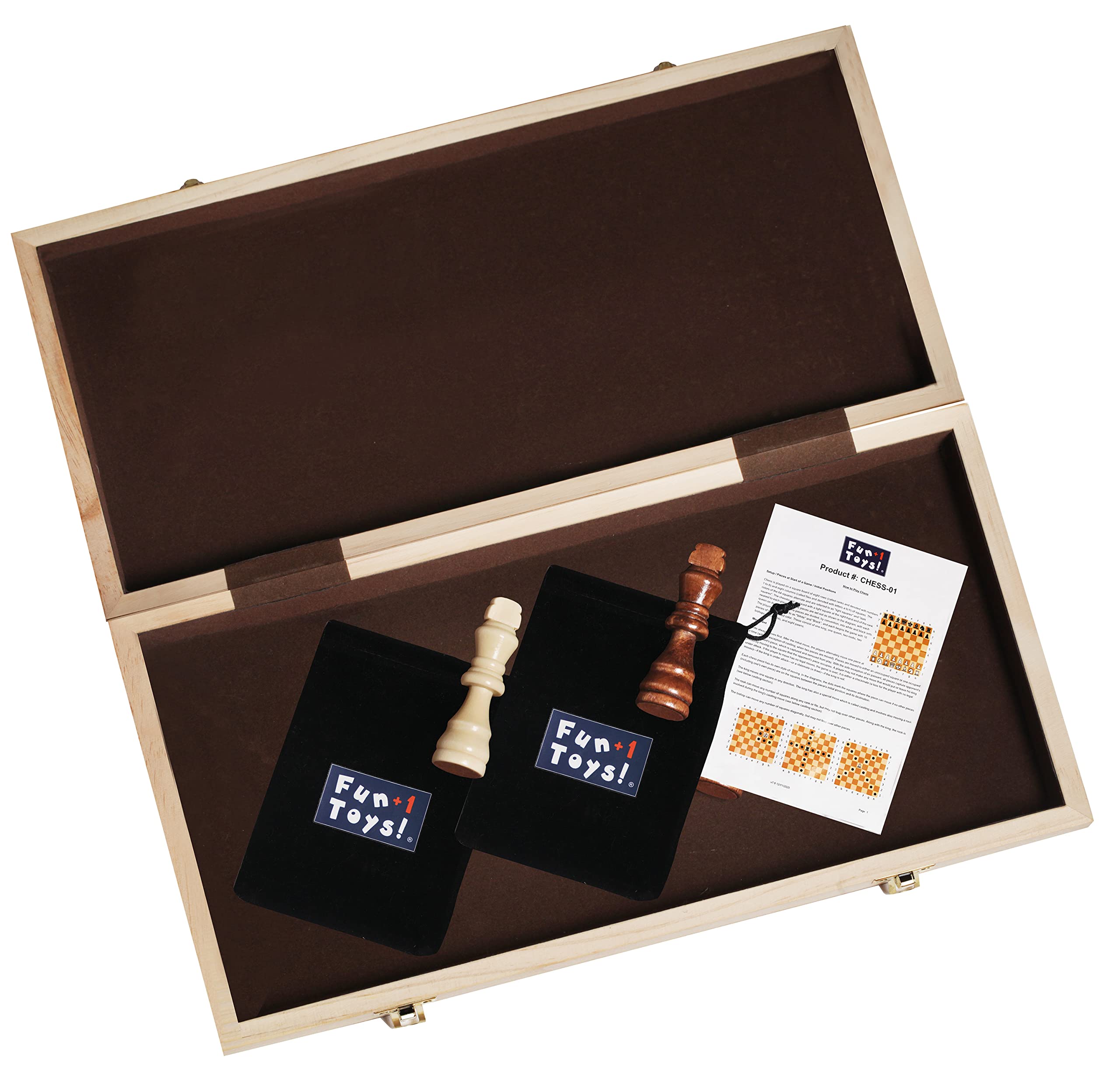Fun+1 Toys! Wooden Chess Set for Adults and Kids, 15" Portable Chess Board Set with Chess Pieces & Drawstring Bag