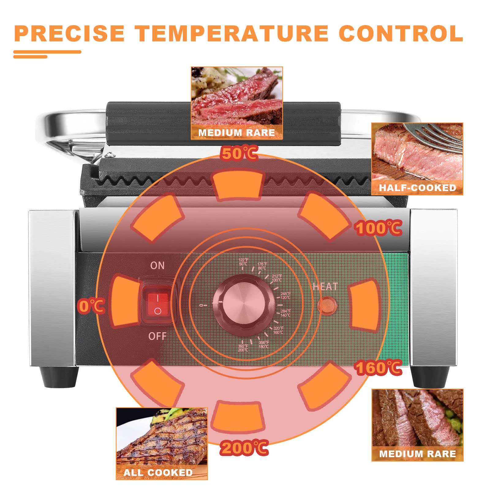 Commercial Panini Press Sandwich Maker, LIVOSA 2200W Non-Stick Panini Grill Machine Panini Maker with Temperature Control and Grooved Plates for Hamburgers Steaks