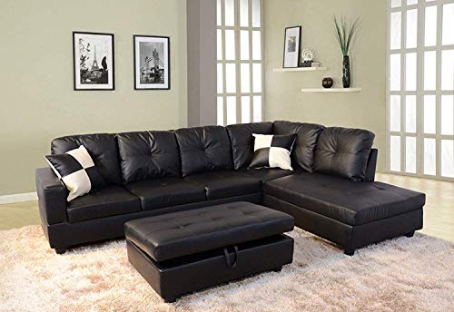 FlashBuy Sofa Sectional Sofa, L-Shape Faux Leather Sectional Sofa Couch Set with Chaise, Ottoman, 2 Toss Pillow Using for Living Room Furniture.(Black)