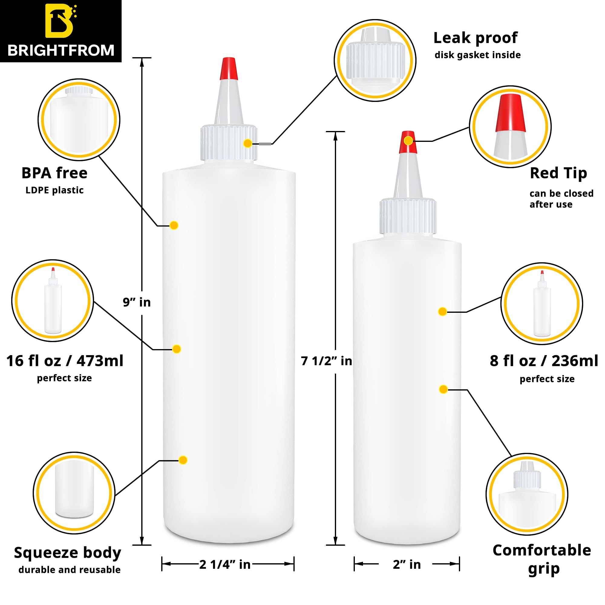 BRIGHTFROM Squeeze Bottles, Condiment 16 & 8 oz SET, BPA Free Empty Plastic Containers with Red Cap, Great for Syrup, Ketchup, Mustard, Sauces, Dressing, Oil, Arts and Crafts, Leak Proof