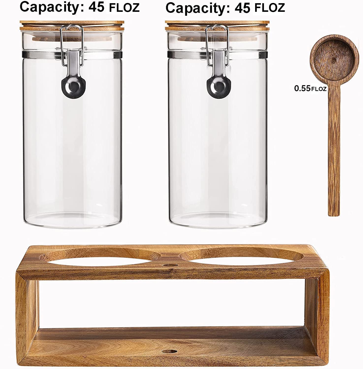Yangbaga Glass Sugar Coffee Containers with Shelf, 2 x 45OZ Coffee Bean Canister Storage Station Organizer with Airtight Locking Clamp and Log Coffee Scoop, Large Capacity Food Storage Jar for Kitchen