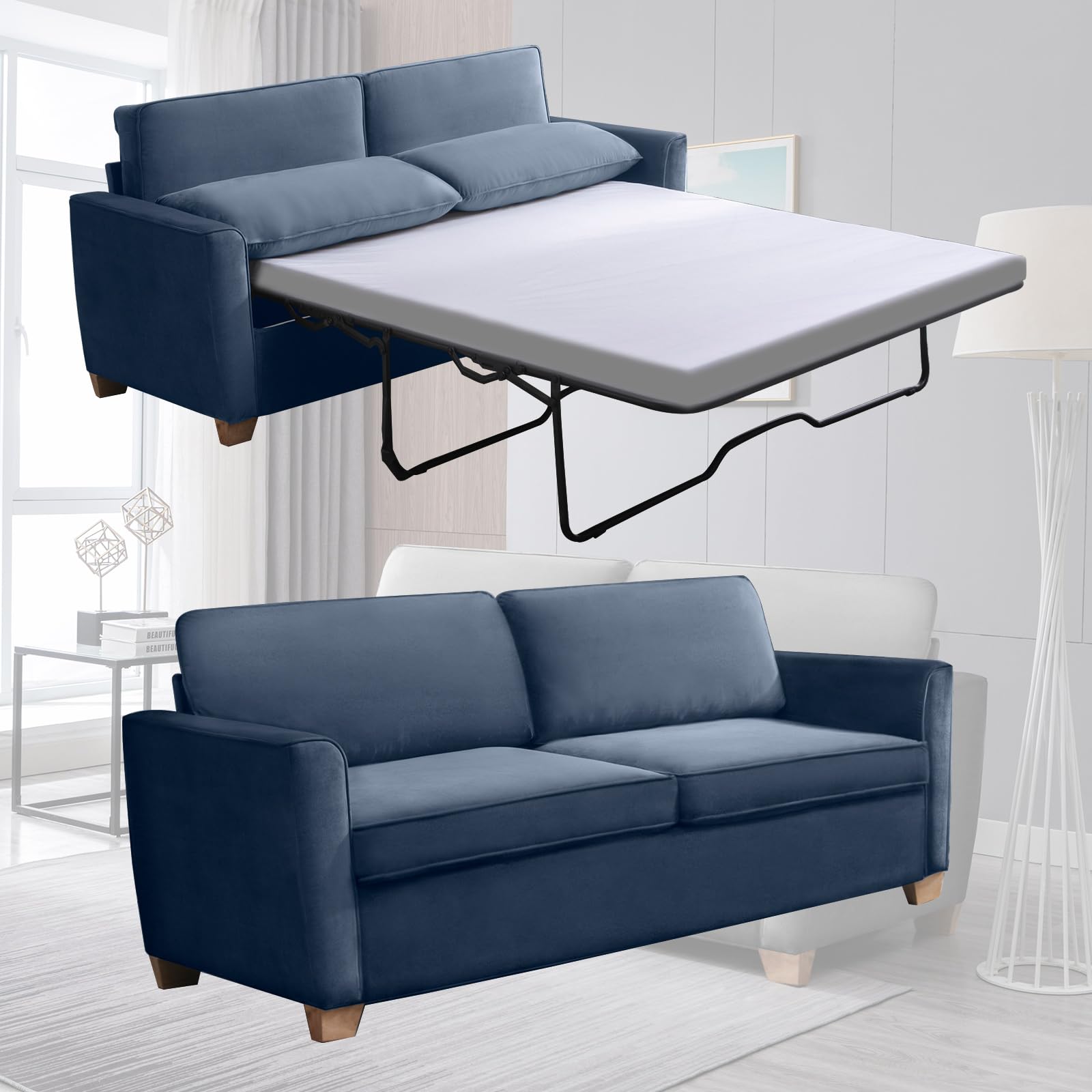 CECER Queen Size Pull Out Sofa Bed, 2-in-1 Loveseat Sleeper Sofa with Foldable Mattress, Upholstered Velvet Convertible Sleeper Couch Bed for Living Room, Apartment, Office-Blue
