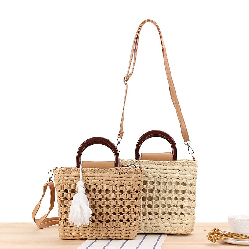 Monanoat Handwoven Straw Basket Bag with Top Handle Summer Beach Rattan Crossbody Bag Tote Handbag for Women