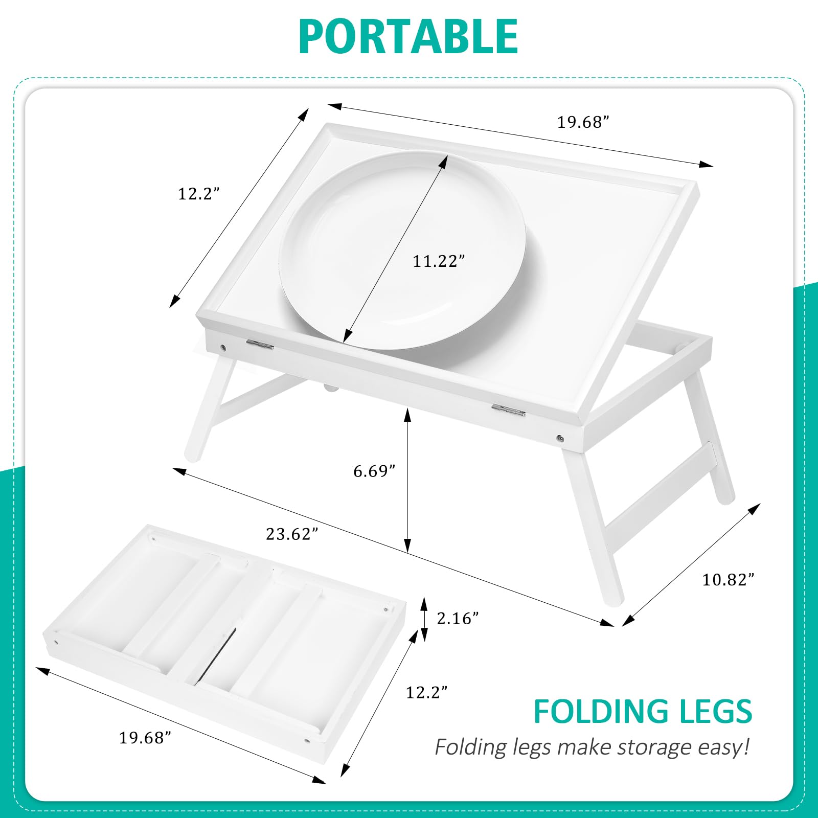 Bed Tray Table Breakfast Tray with Folding Legs Kitchen Food Serving Tray for Notebook Computer Bed Platters Lap Desk Snack Tray(White)