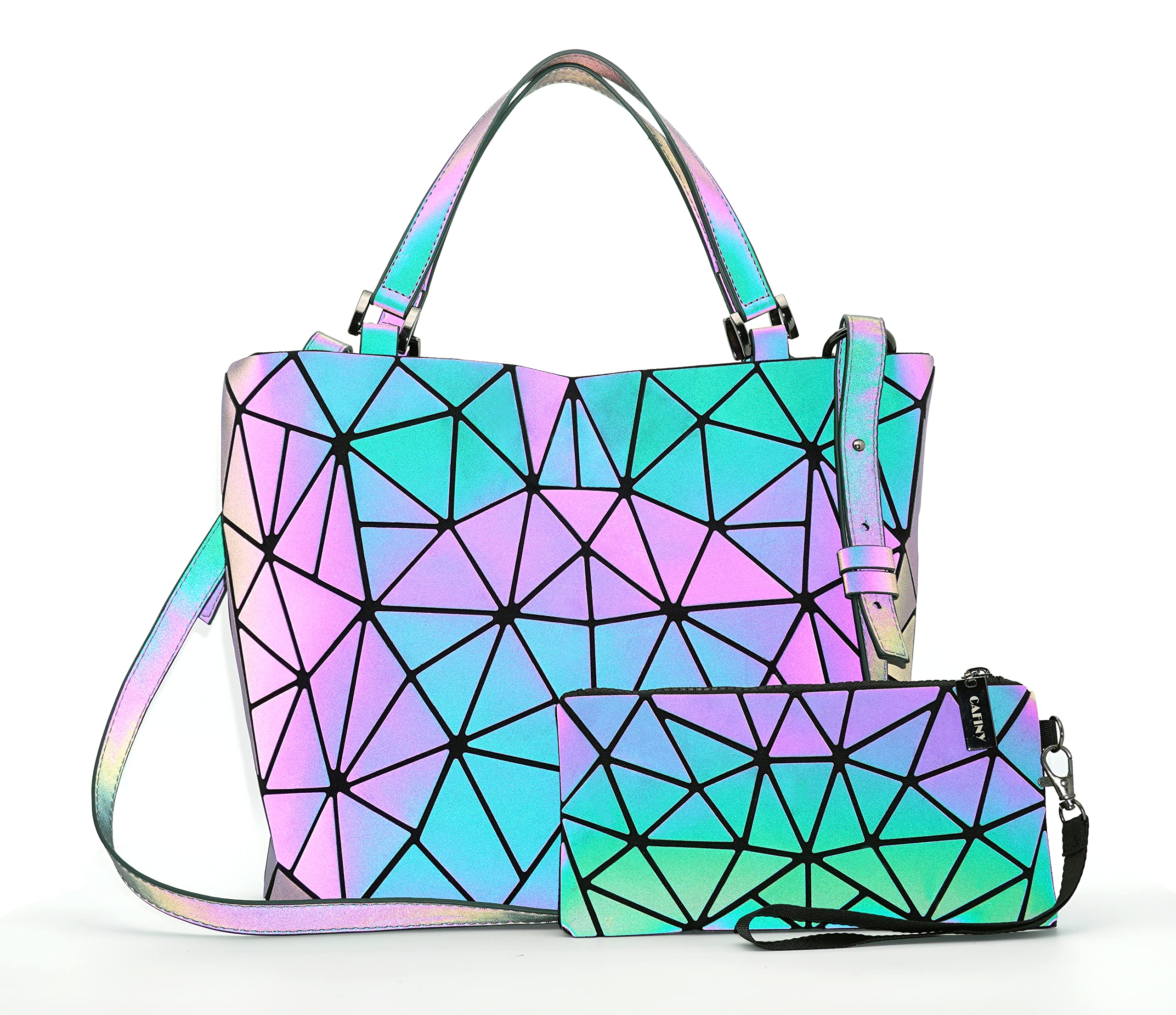 CAFINY Geometric Purse for Women,Geometric Luminous Crossbody Bags and Holographic wallets Set-B