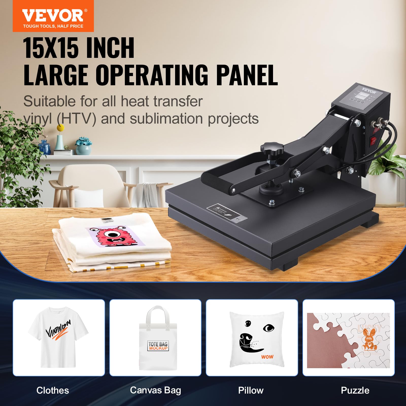 VEVOR Heat Press, 15x15 Power Heat Press Machine for T-Shirts, Fast Heating, High Pressure Digital Industrial Sublimation Printer for Heat Transfer Vinyl, Dark Black