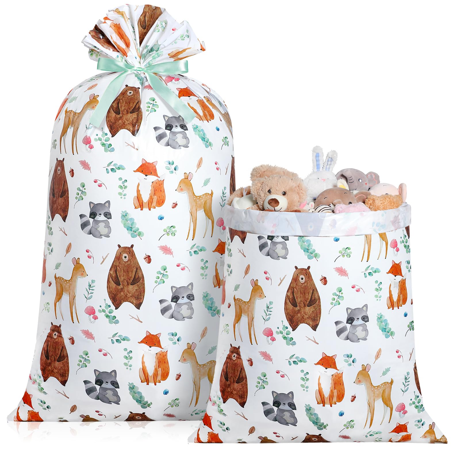 Ctosree 2 Pcs 70" x 40" Large Jumbo Gift Bag for Giant Gifts Woodland Animal Oversize Wrapping Bags with 2 Rolls Ribbons for Birthday Christmas Party(Animal)