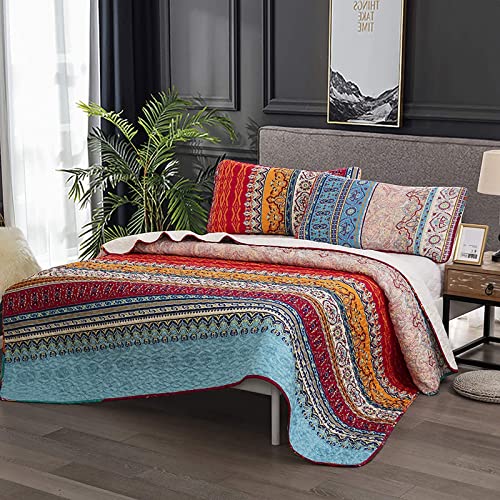 WONGS BEDDING Bohemian Quilt Set and Comforter Set Queen, Boho Striped Pattern Printed Quilt Coverlet for All Season, Soft Microfiber Boho Bedspread Set 90"x96"(3 Pieces, Queen)