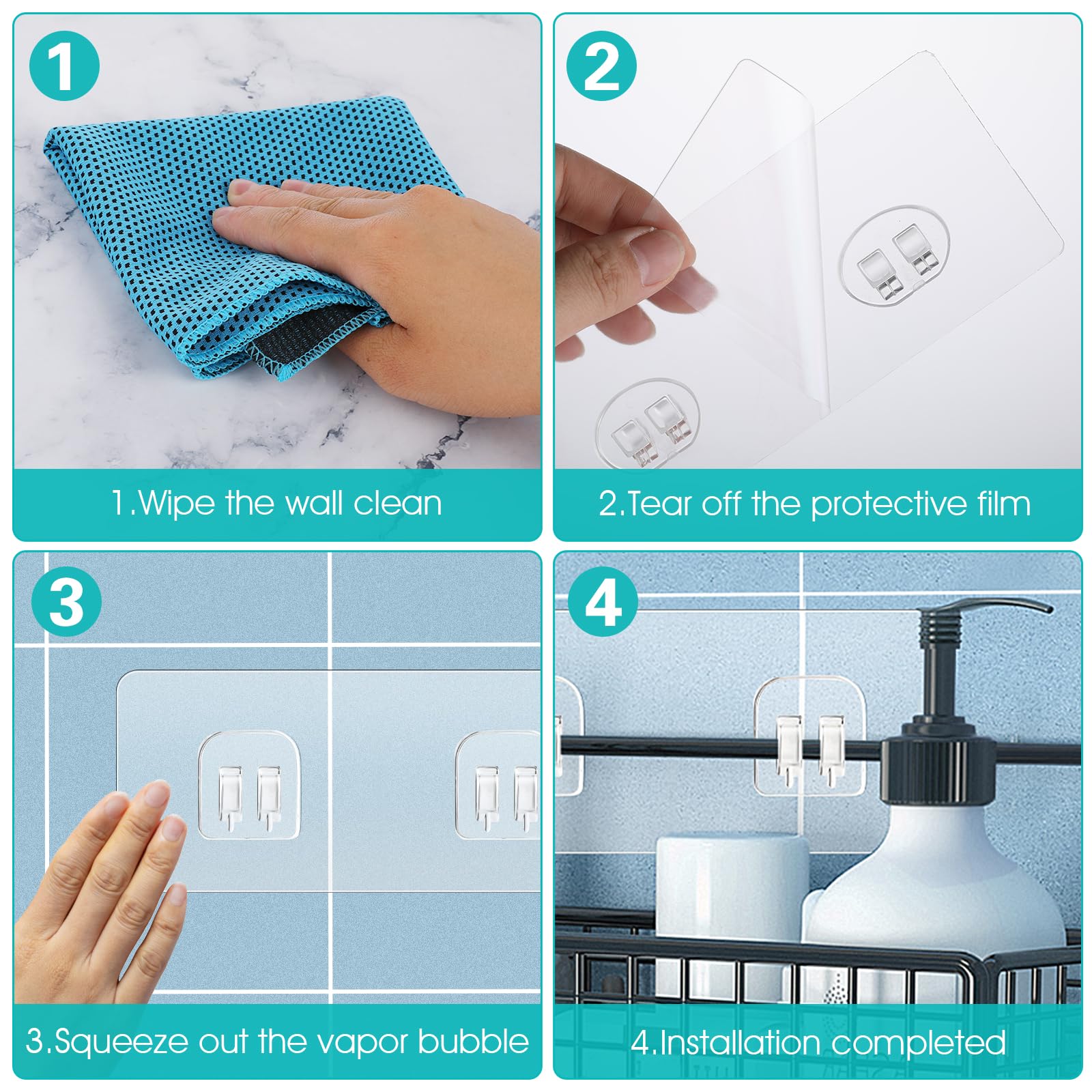 COMNICO 4 Pack Shower Caddy Adhesive Hooks Replacement, Strong Self-Adhesive Sticker No Drilling Waterproof Hanging Hooks for Bathroom Storage Shelves Kitchen Racks (Double Hook,Transparent)