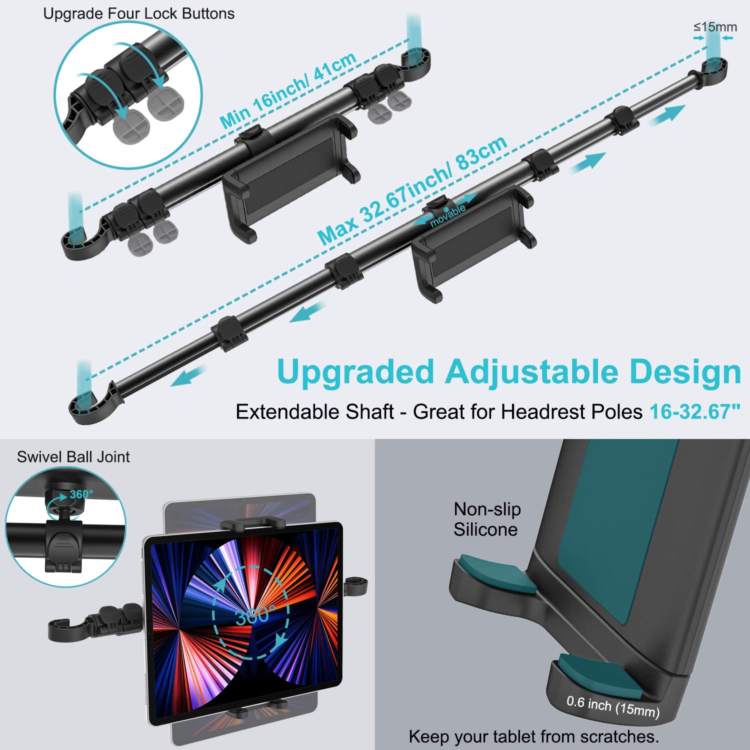 Car Headrest Tablet Mount, 32.67 inch Between Seat iPad Holder, Aozcu Back Seat Stretchable Long Arm Phone Stand, Backseat Mount for kids Fits iPad Pro 12.9 Air Mini, Galaxy Tabs, Switch,4-13" Devices