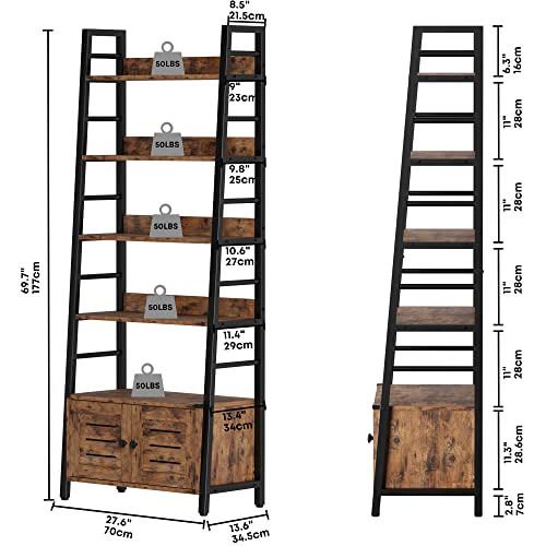 IRONCK Bookshelf with Louvered Doors, 4-Tier Ladder Shelf with Cabinet Industrial Accent Furniture for Bedroom Living Room Home Office, Rustic Brown