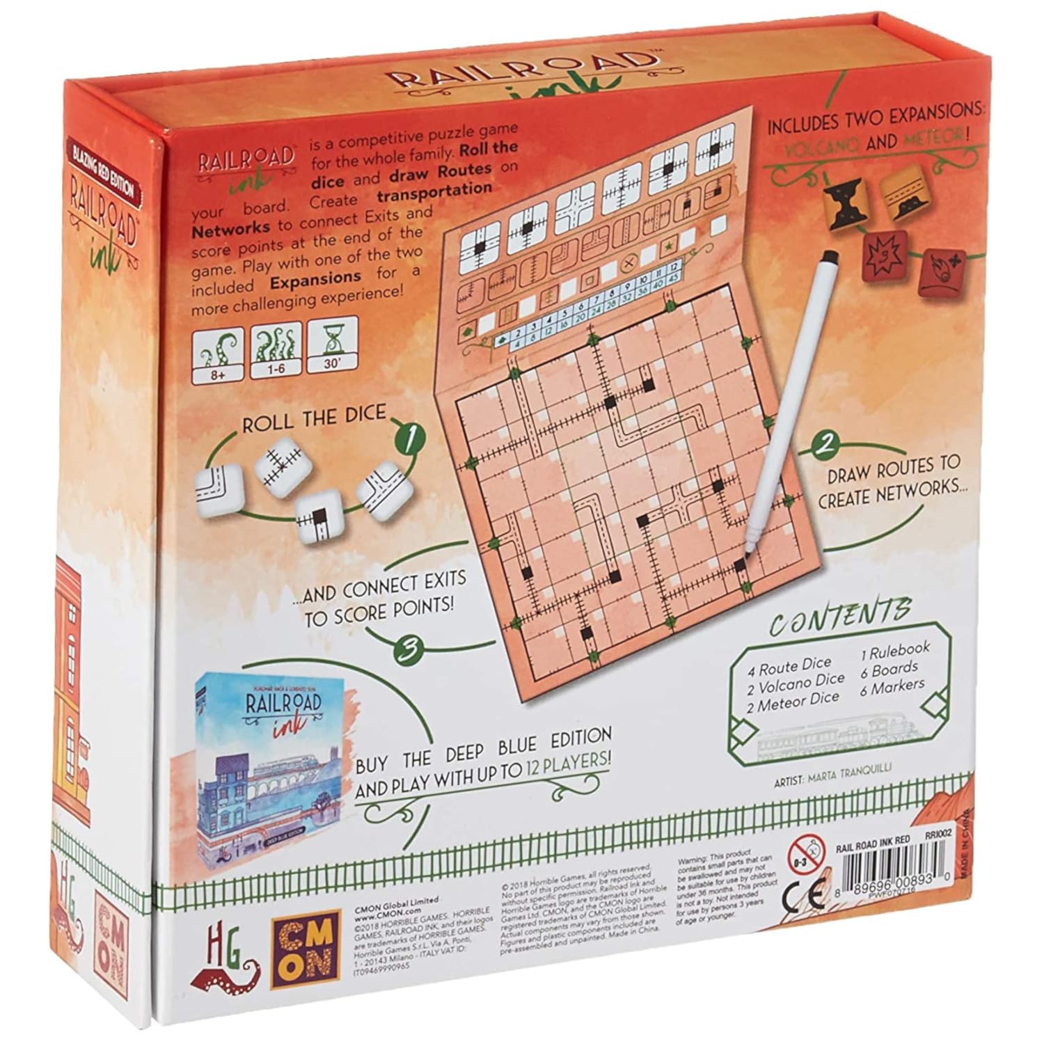 Horrible Guild Railroad Ink: Blazing Red Edition - Roll Dice and Draw Railways and Routes, 7 Rounds to Expand Your Rail Map - Expansion Dice Included, Plays with 1-6 players, 20-30 mins, Ages 8 & Up