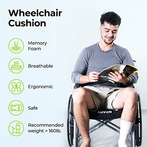 AUVON Wheelchair Seat Cushions (18"x16"x3") for Sciatica, Back, Coccyx, Pressure Sore and Ulcer Pain Relief, Memory Foam Pressure Relief Cushion with Removable Strap, Breathable & Waterproof Fabric