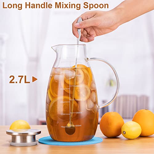 Glass Pitcher, 91 oz/2.7L Glass Water Pitcher with Lid and Handle, Carafe Pitcher for Beverage, Hot Cold Drinking, Boiling water on electric stove, Stainless Steel Lid and Borosilicate Glass