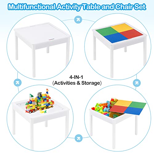 Wooden Kids Activity Table and Chair Set, 4-in-1 Building Blocks-Compatible Desk with Storage for Children and Toddler Drawing Reading Arts Crafts - Colorful