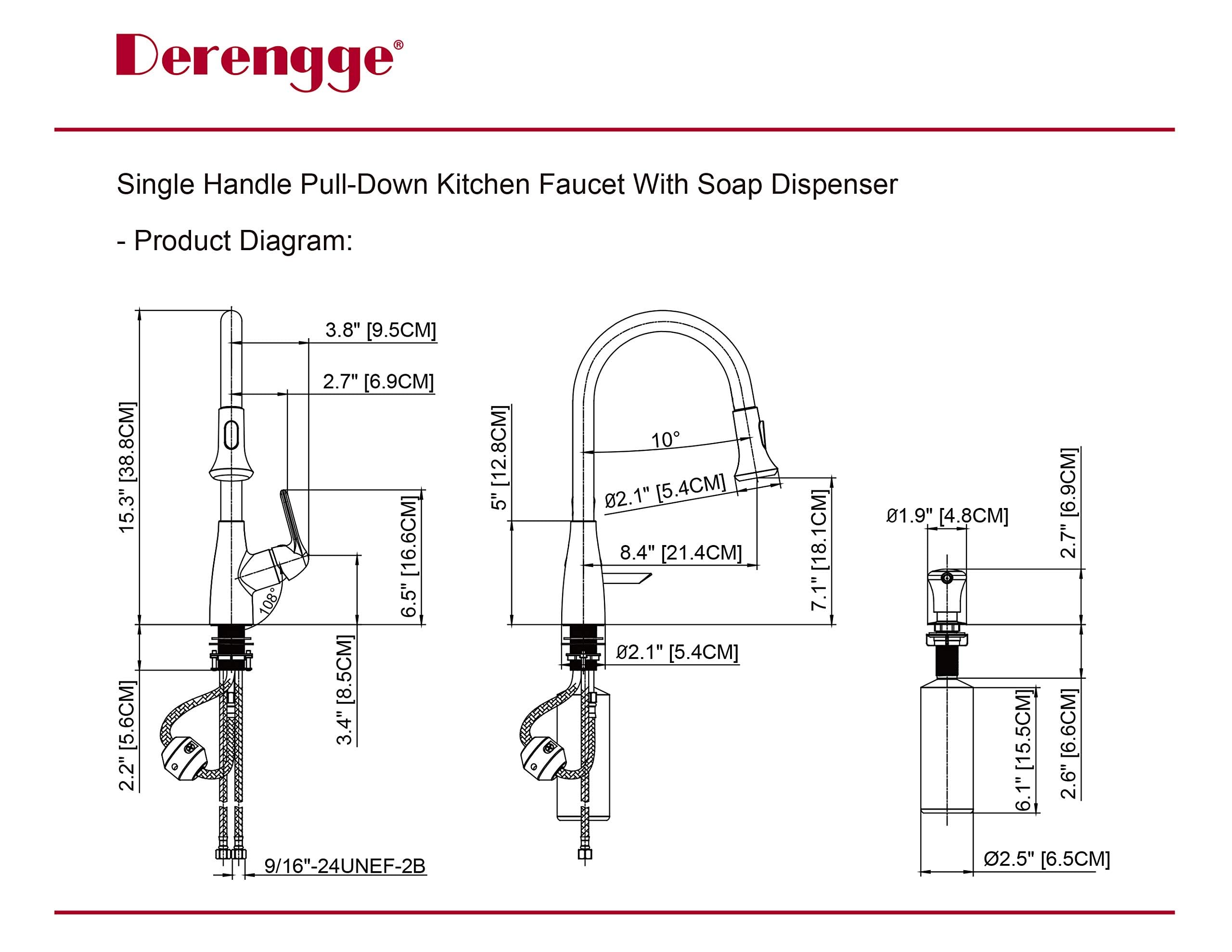 Derengge Brushed Gold Kitchen Faucet Single Handle Pull-Down Kitchen Sink Faucet with Soap Dispenser and Deck Plate, Faucet for Farmhouse, Camper, Laundry, Rv, Bar,KF-058DS-CS