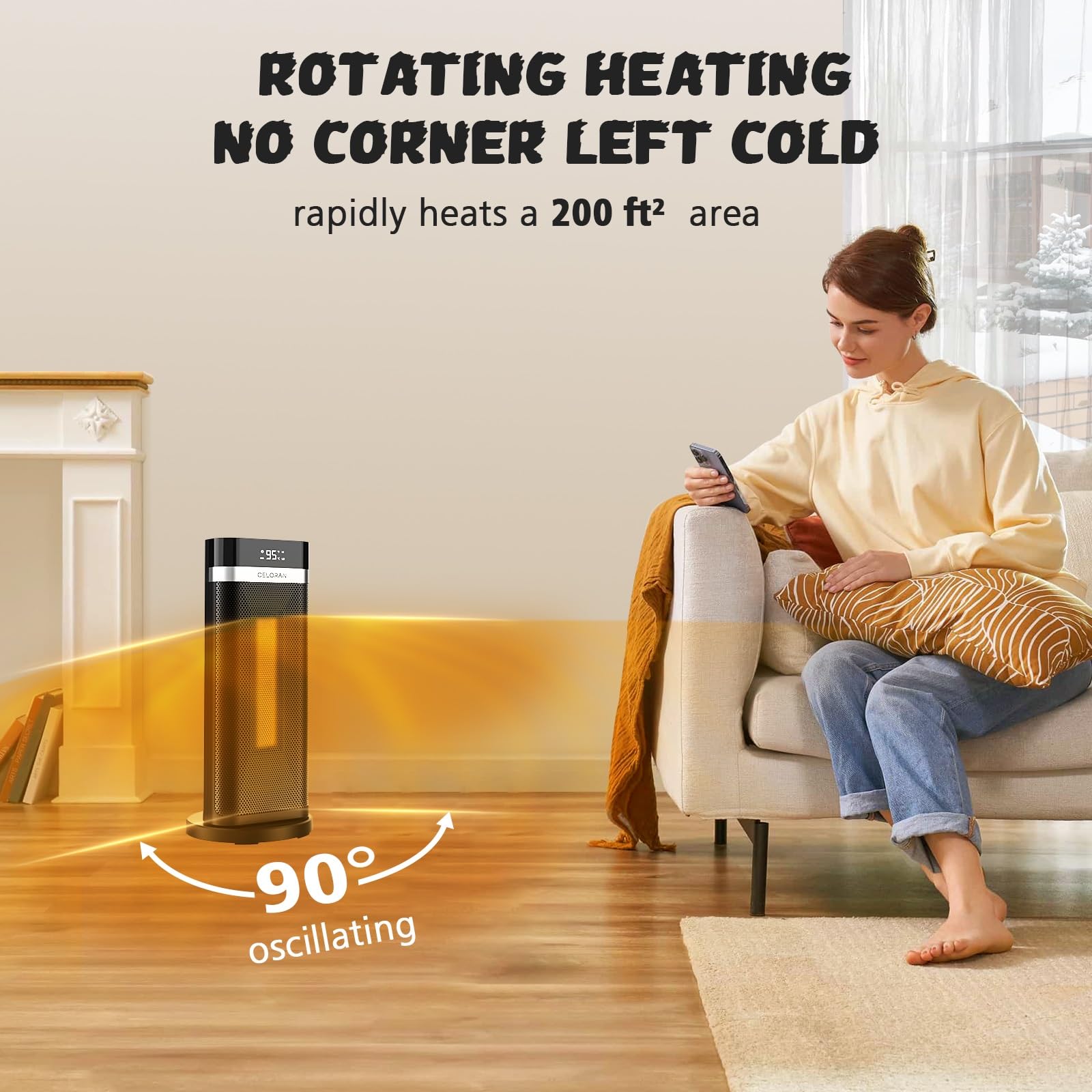 Celoran Space heater for indoor use, Portable Electric Heater for office, 1500W Fast PTC Ceramic Heating with Remote Control, 90° Oscillation, 12H Timer, Multiple Safety Protection,Home Bedroom