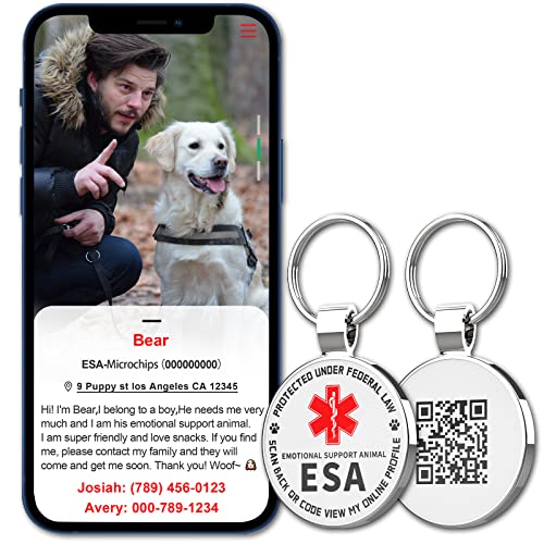 MYLUCKYTAG QR Code ESA Emotional Support Dog ID Tag - Pet Online Profile - Scan QR Receive Instant Pet Location Alert Email