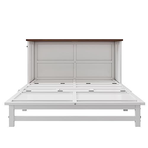 JIVOIT Queen Size Mobile Murphy Bed, Solid Pine Murphy Bed Chest with Charging Station and Large Storage Drawer, Queen Foldable Platform Bed for Home Office or Small Room