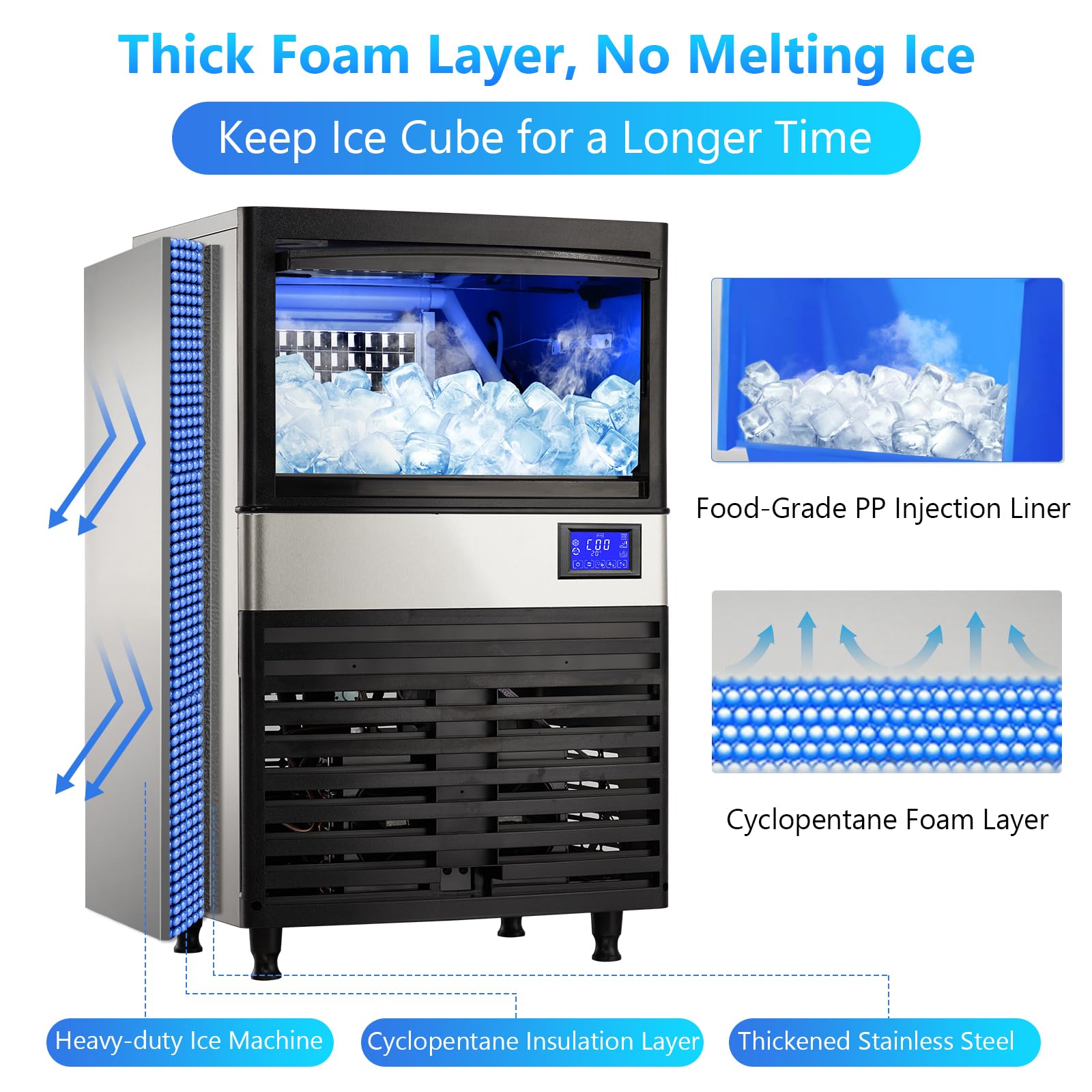 Commercial Ice Maker Machine 350Lb/24H, 1000W Ice Machine with 310Lbs Large Storage Bin, Industrial Ice Machine with LED Panel, Stainless Steel Clear Ice Cube Maker for Bar/Cafe/Restaurant/Business