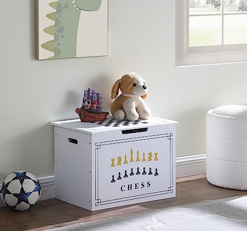 Wooden Toy Box and Storage Chest with Chess and Safety Hinge for Kids and Babies – Girls and Boys - White