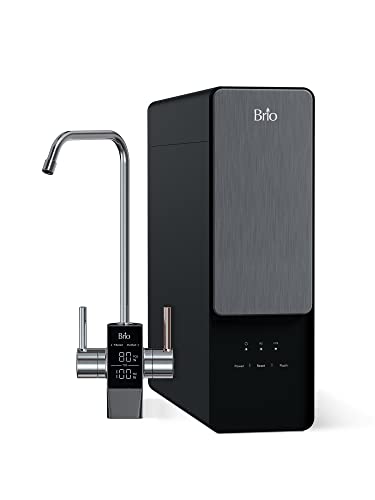 Brio AQUUS TROE800COL Reverse Osmosis Water Filtration System, 4-Stage Tankless RO Water Filter System for Under Sink, 800 GPD, 2:1 Pure to Drain, Reduces TDS, Smart Faucet, USA Support, Black/Silver