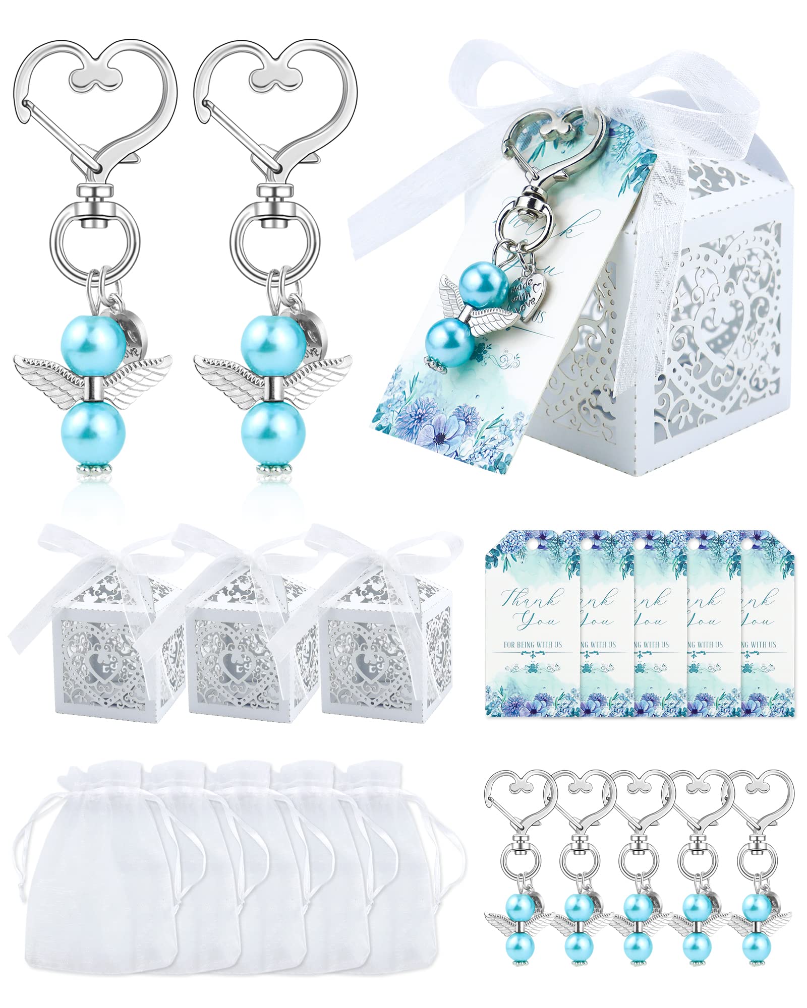YETOOME 100 Pcs Baby Shower Favors for Boys, Angel Keychains Favor Baptism Favor Boxes White Organza Bags with Drawstring Thank You Tags for Baby Shower Baptism Party Gift, 25 Sets (Blue)