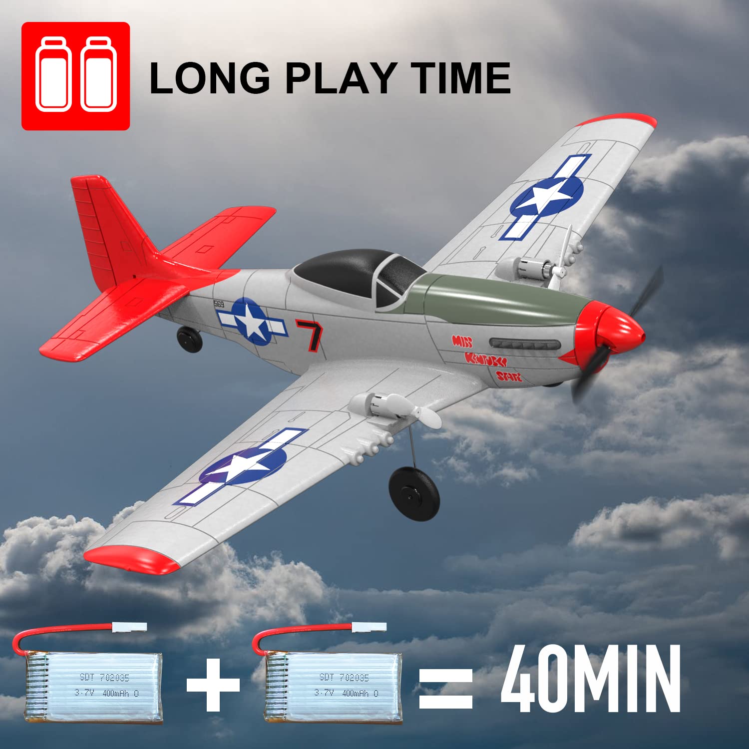 VOLANTEXRC RC Plane Ready to Fly for Beginners, 2.4Ghz 2CH RC Airplane P51 Mustang Toy Gift for Kids & Adults, with Gyro Stabilization System&2 Batteries (762-3)
