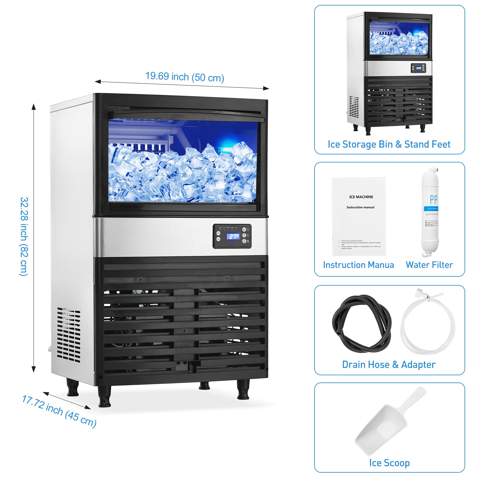 Commercial Ice Maker Machine, 150lbs/24H Stainless Steel Under Counter ice Machine with 30lbs Ice Storage Capacity, Freestanding Ice Maker for Bar Home Office Restaurant, 340W