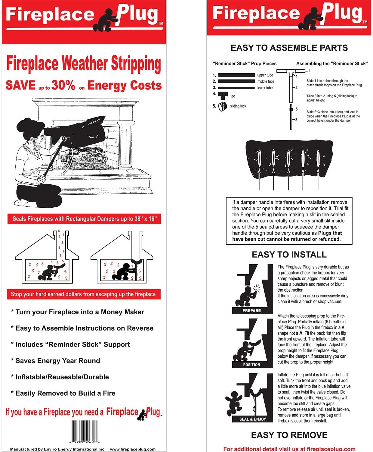 Fireplace draft stopper (large plug - fits most masonry fireplaces with dampers up to 38x16")