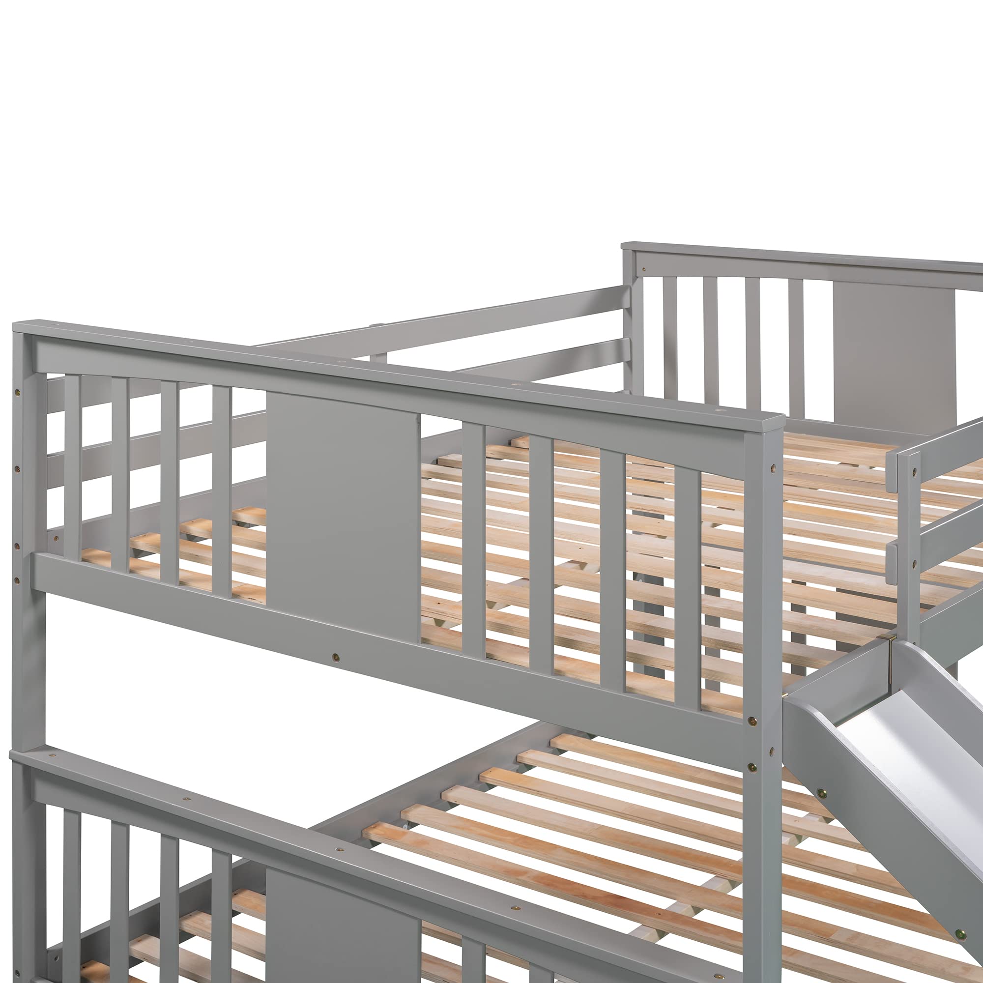 BIADNBZ Full Over Full Low Bunk Bed with Slide and Ladder, Wooden Floor Bunkbeds Frame for Kids Bedroom, Gray