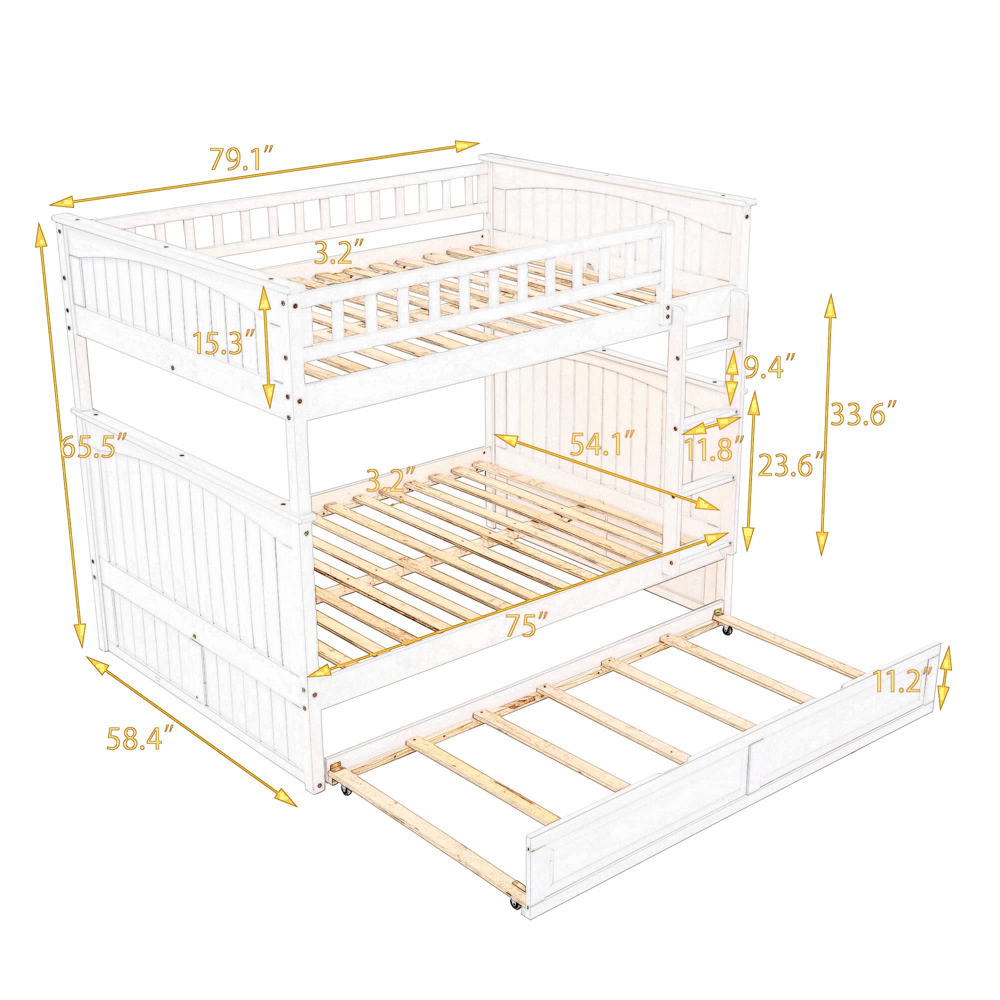 BIADNBZ Full-Over-Full Bunk Bed with Twin Size Trundle, Ladders and Full-Length Guardrail,Solid Pine Wood Bedframe for Bedroom Dorm, for Kids Teens,No Box Spring Needed,Brushed Gray