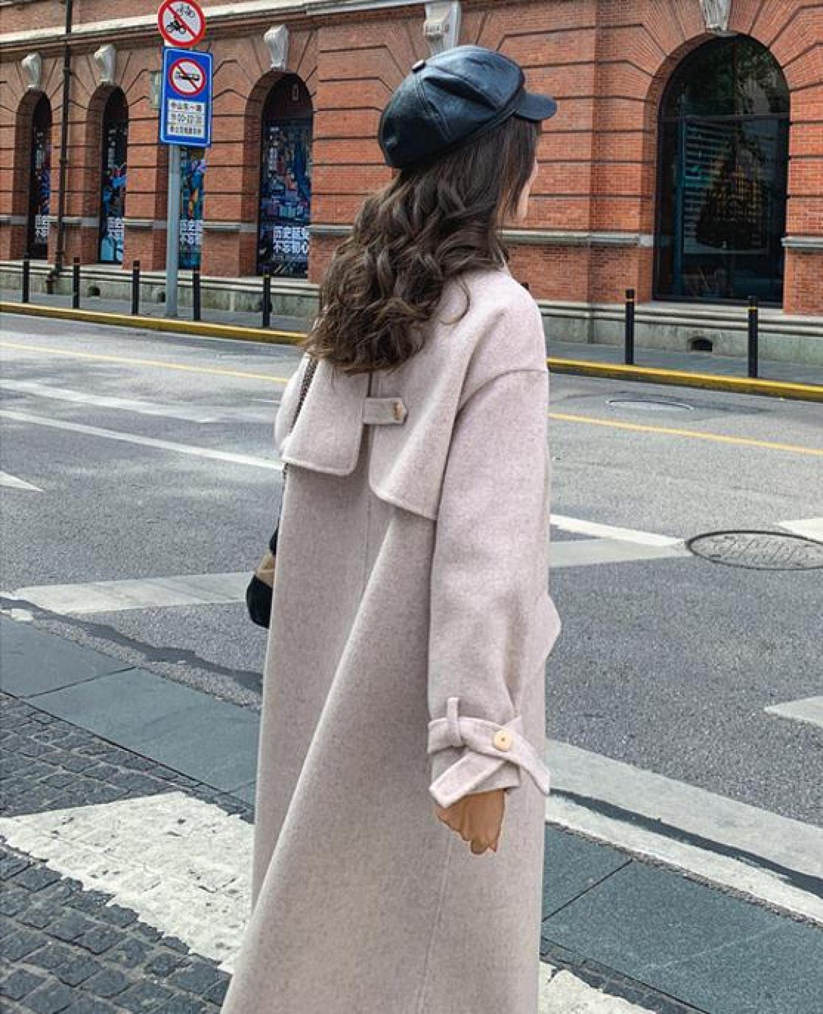 BLFYQB Woolen Coat Female in The Long Section Autumn and Winter Hepburn Wind Thicken Thigh Sen Department Woolen Jacket Capable Neat/Beige/S