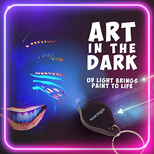 UV Face & Body Paint Set - Blue Squid, 8 Liquid UV Body Paints (8 Large 0.68 fl oz) +FREE BONUS Mini Ultraviolet Flashlight - Glow in The Dark Neon Face & Body Paint - Black Light Reactive Neon Paints
