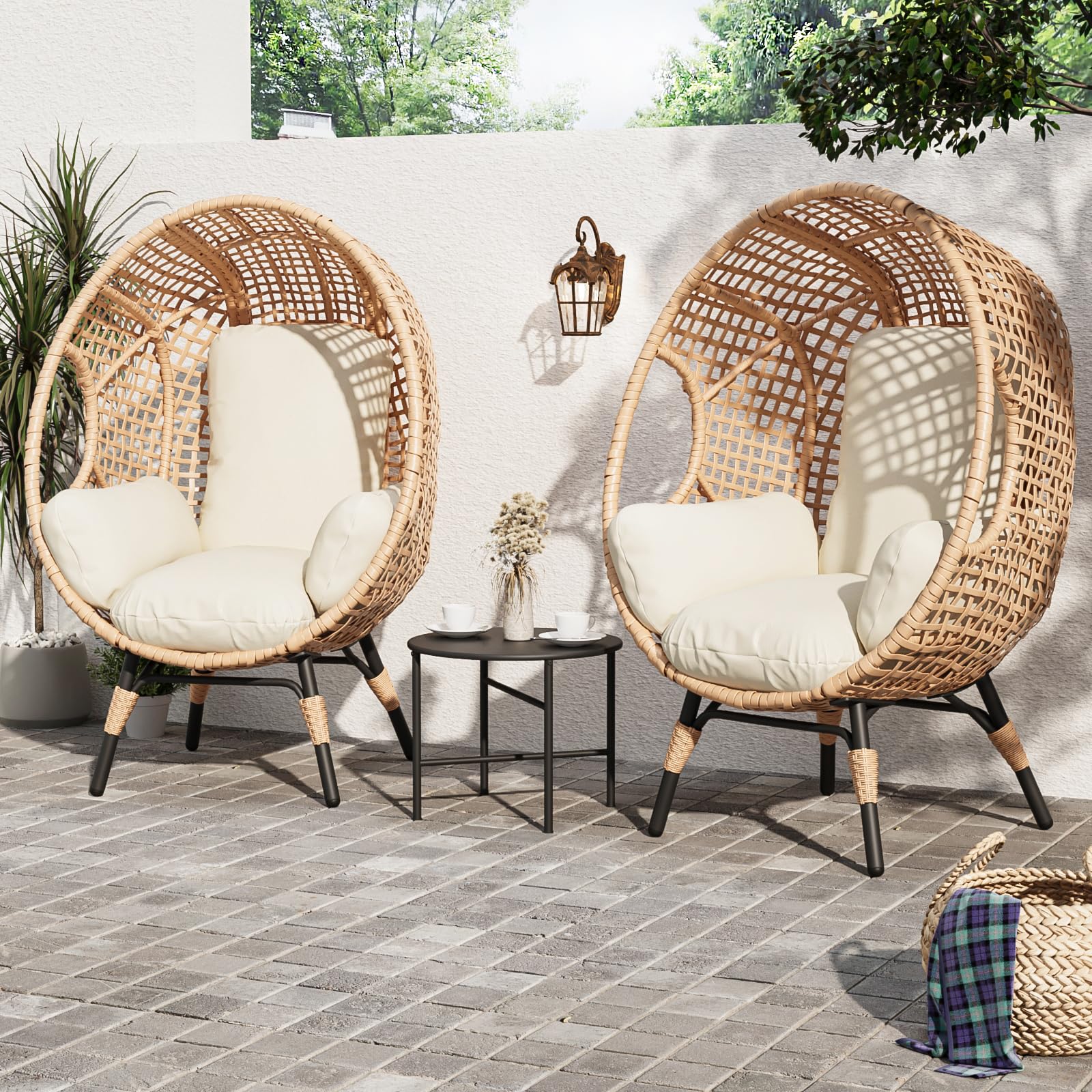 CHINNLUU Outdoor Egg Chair Wicker Oversized Egg Basket Chair with Stand Lounger Chairs with Cushion 500lbs Capacity for Patio Garden Backyard Balcony