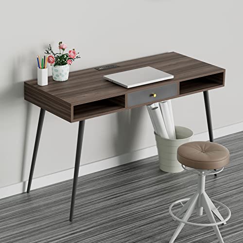 kevinplus Computer Writing Desk 46.8'' with Fast Charge USB Port & Power Outlet, Mid-Century Modern Study PC Desk with Type-C Ports Charging Station, Home Office Desk with Drawer, Walnut & Dark Grey