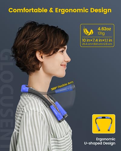 Glocusent LED Neck Reading Light, Book Light for Reading in Bed, 3 Colors, 6 Brightness Levels, Bendable Arms, Rechargeable, Long Lasting, Perfect for Reading, Knitting, Camping, Repairing