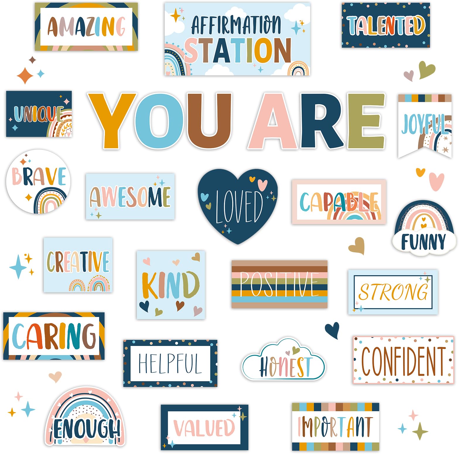 Boho Affirmation Station Bulletin Board Set Rainbow Bulletin Board for Classroom Decor Hippie Motivational Posters Positive Affirmations Accents Cutouts for Teachers School Chart Wall Supplies