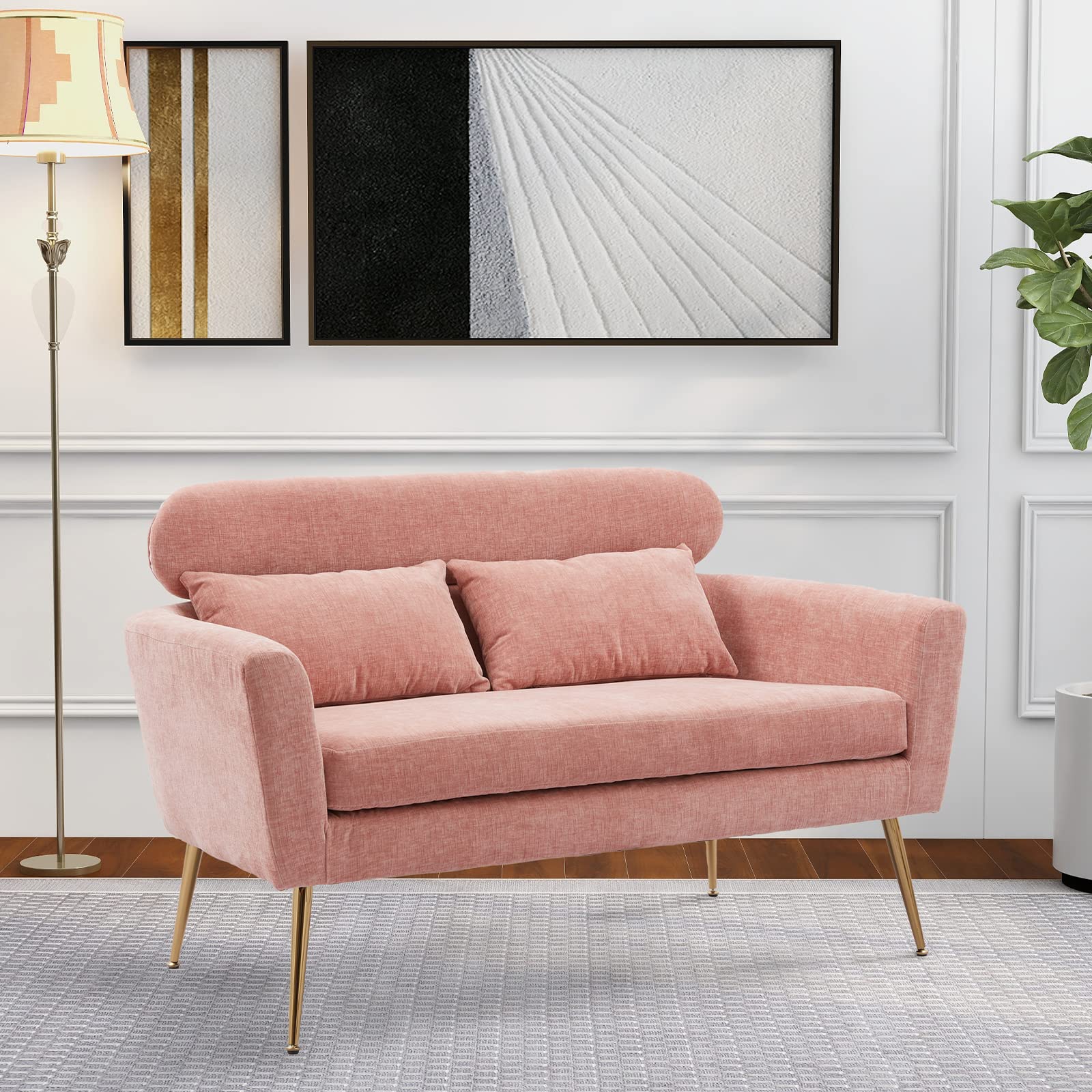 Betoko 51ββ Loveseat Sofa Small Couch Two Seat Mid Century Modern Sofa with 2 Throw Pillows and Gold Metal Legs for Small Space Office Studio Apartments Bedroom, Pink