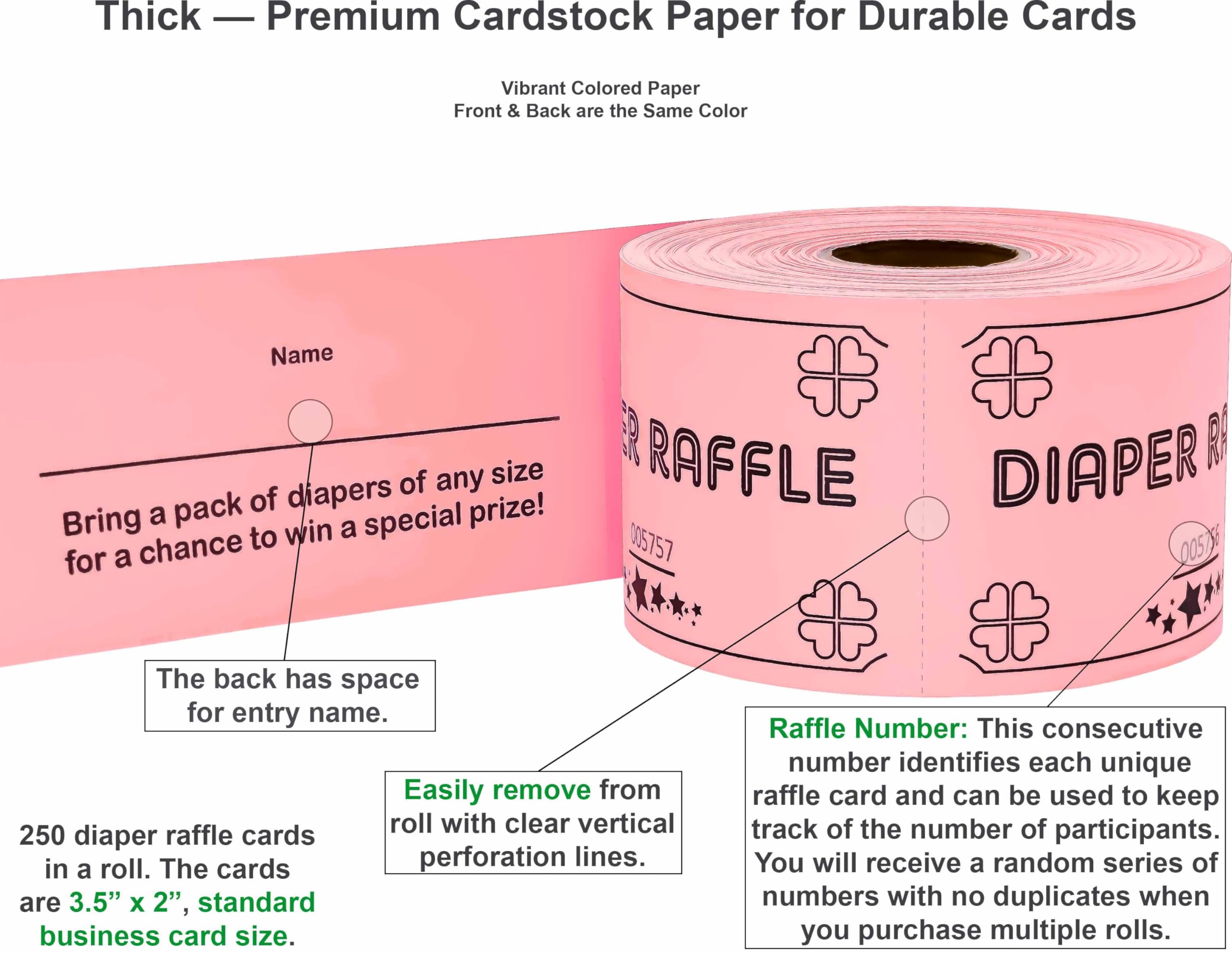 Carewon 250 Diaper Raffle Tickets, Pink (3 Color Selection), for Baby Shower Games, Invitations, and Drawing Prizes, Cute Party Accessories