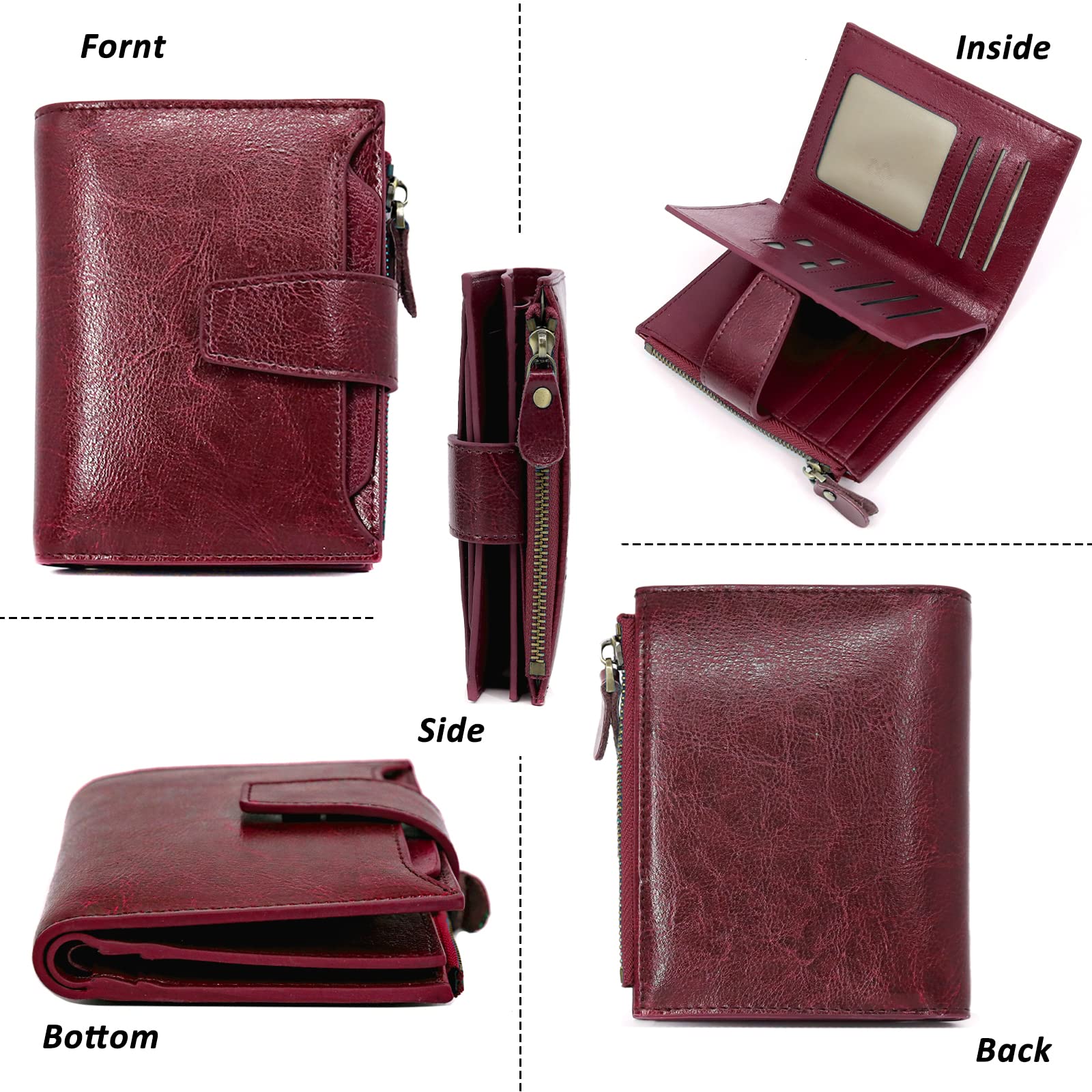 CALIYO Short Wallet for Women, Minimalist Bifold Small Wallets, Lady Clutch Wallet,Women Coin Purses with RFID Blocking Genuine Leather Wallet for Women(Wine Red)