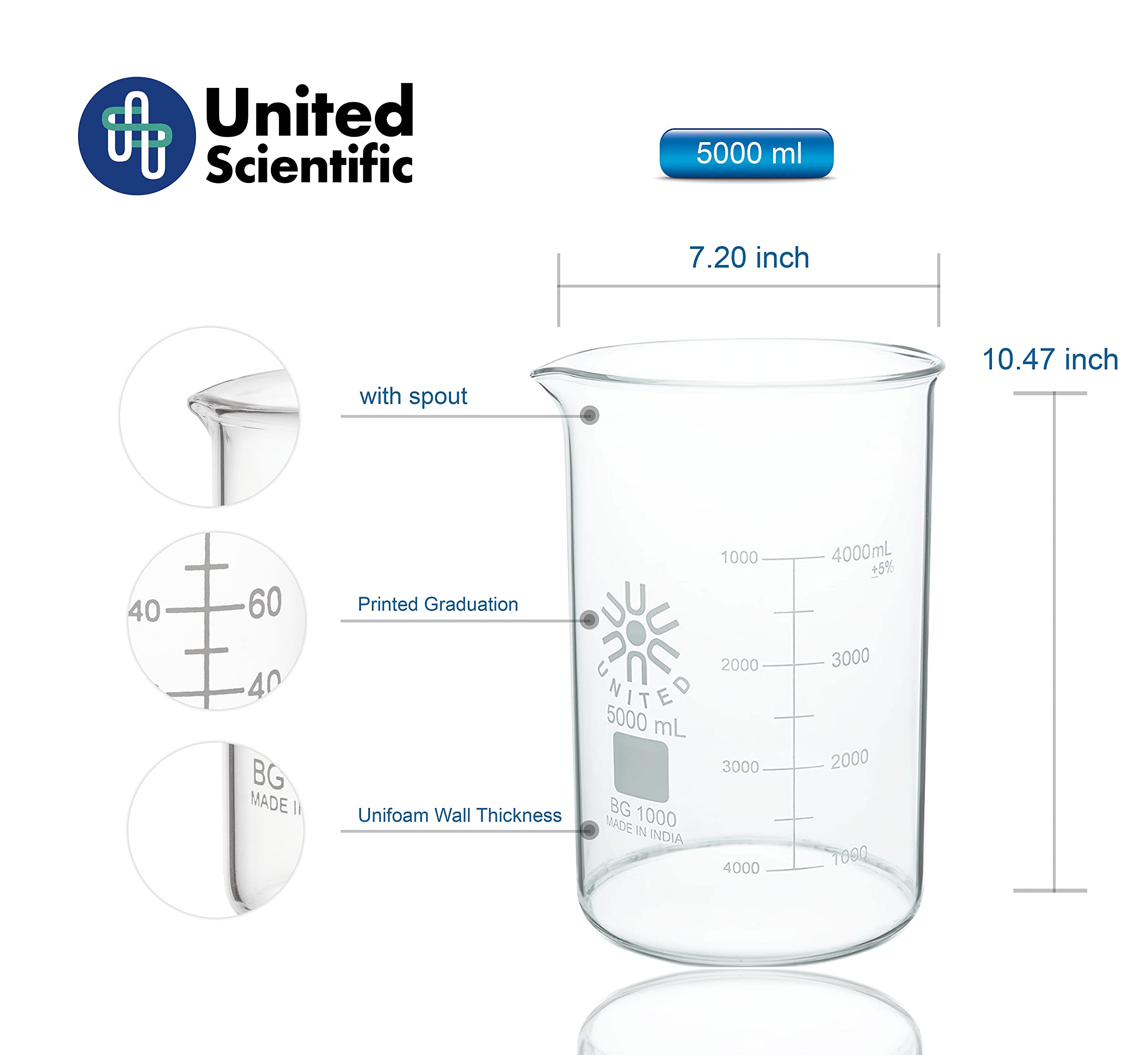 United Scientific™ BG1000-5000 Borosilicate Laboratory Grade Glass Beakers | Griffin Style Low Form Beaker | Graduated with Spout | Designed for Laboratories & Chemistry Classrooms | 5000mL Capacity