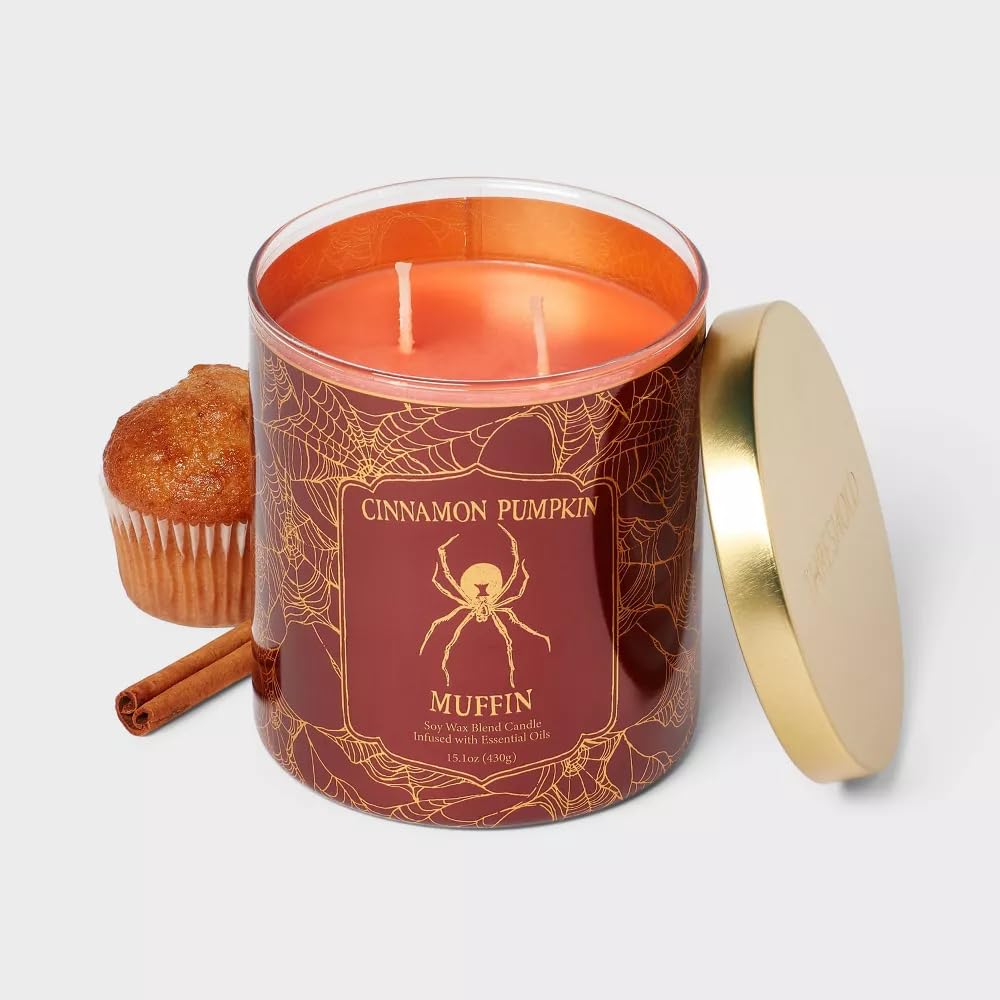Cinnamon Pumpkin Muffin 2-Wick Scented Jar Candle, 15.1oz | Lidded Glass Candle | Long-Lasting Soy Wax Blend | Cozy Fall Fragrance | Orange Jar with Metal Lid
