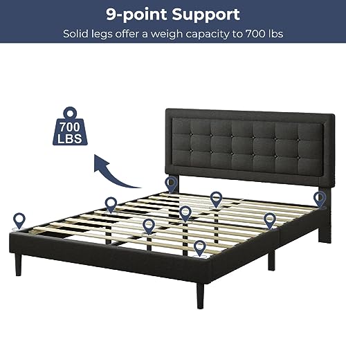 IULULU Full Bed Frame, Upholstered Platform Bed Frame with Linen Fabric Headboard, Full Size Mattress Foundation with Wooden Slats Support, Easy Assembly, No Box Spring Needed, Dark Grey