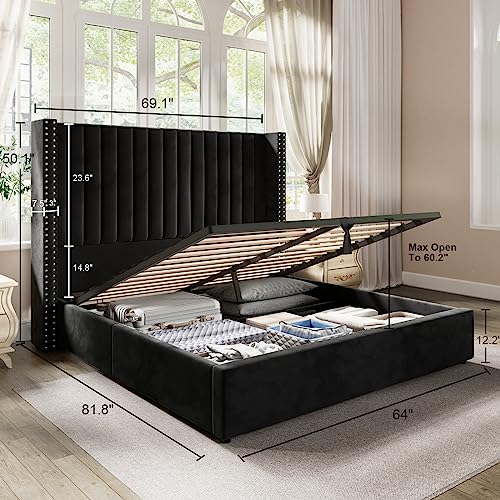 Jocisland Queen Bed Frame Lift Up Storage Bed, Velvet Queen Upholstered Bed Frame Channel Tufted Wingback Headborad/No Box Spring Needed/Black
