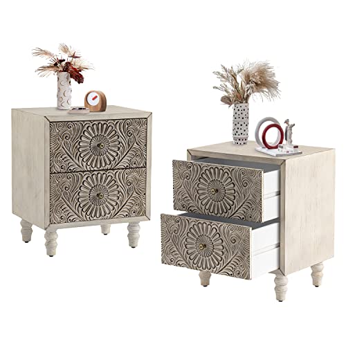 COSIEST 2 Pieces Nightstand, 14" D x 18" W x 21.5" H MDF End Table with 2 Drawers, Vintage Style Wood Bedside Table, Bedroom Accessories for Home, Office, College Dorm